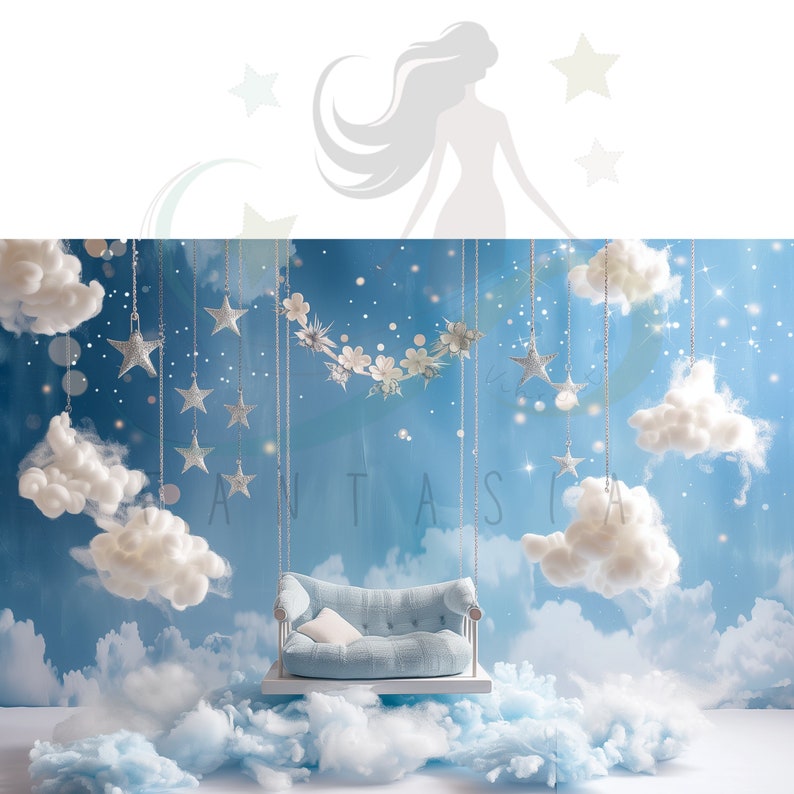 Dreamy Cloud and Stars Digital Backdrops, Blue Sky Photography ...