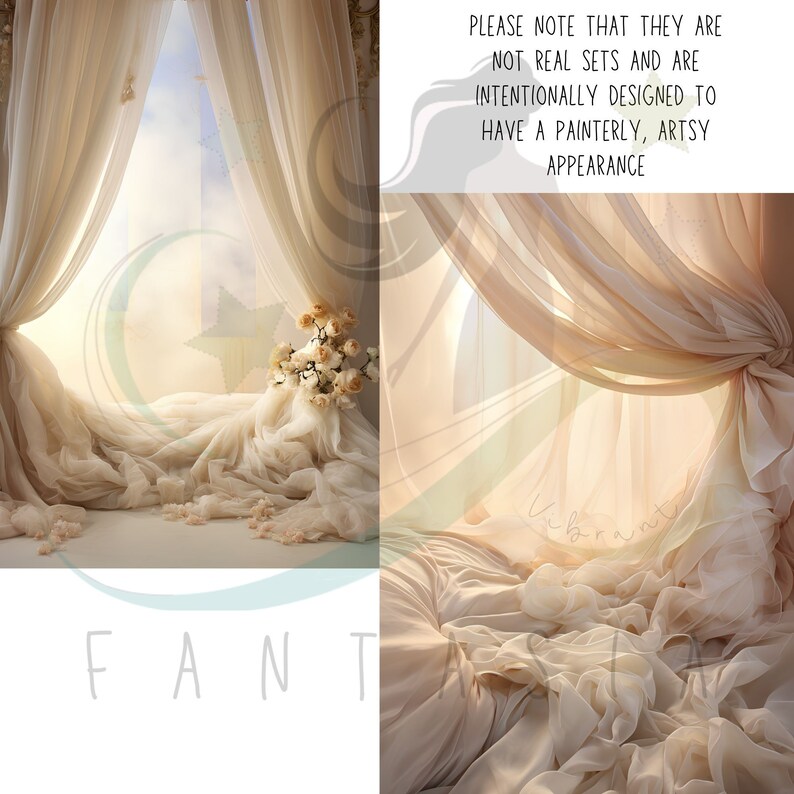 Elegant Beige Curtains Digital Backdrops, Romantic Floral Drape ...