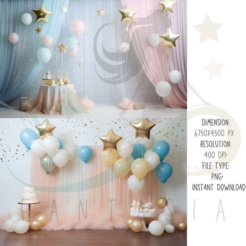 Starry Night Balloon Digital Backdrops, Pastel & Gold Decorations ...