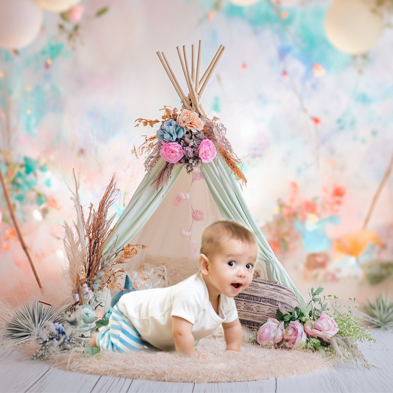 Boho Teepee Tents Digital Backdrops, Kids' Birthday Parties Background, Studio Photoshop ...
