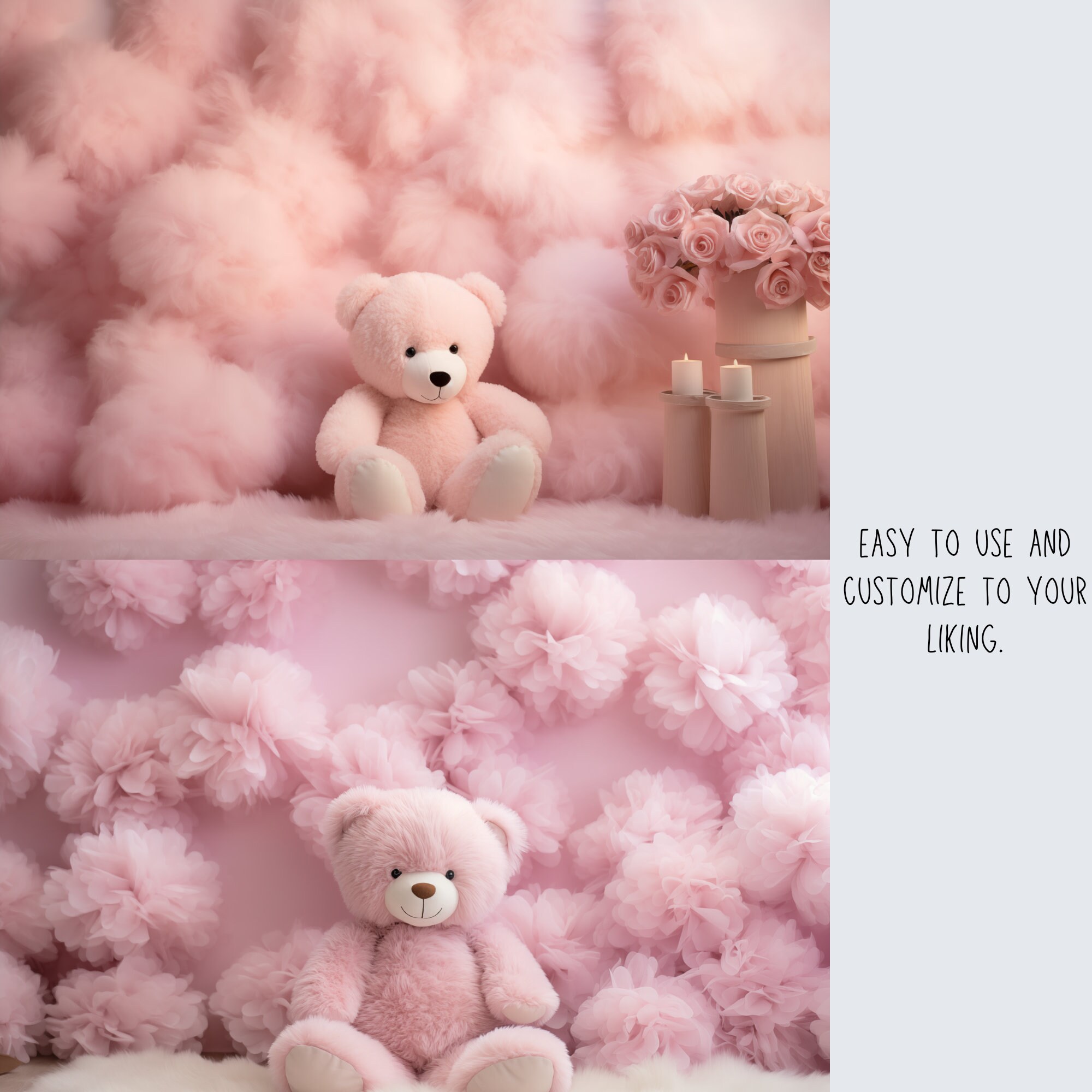 Cute Pink Teddy Bear Digital Backdrops for Kids, Child Photography ...