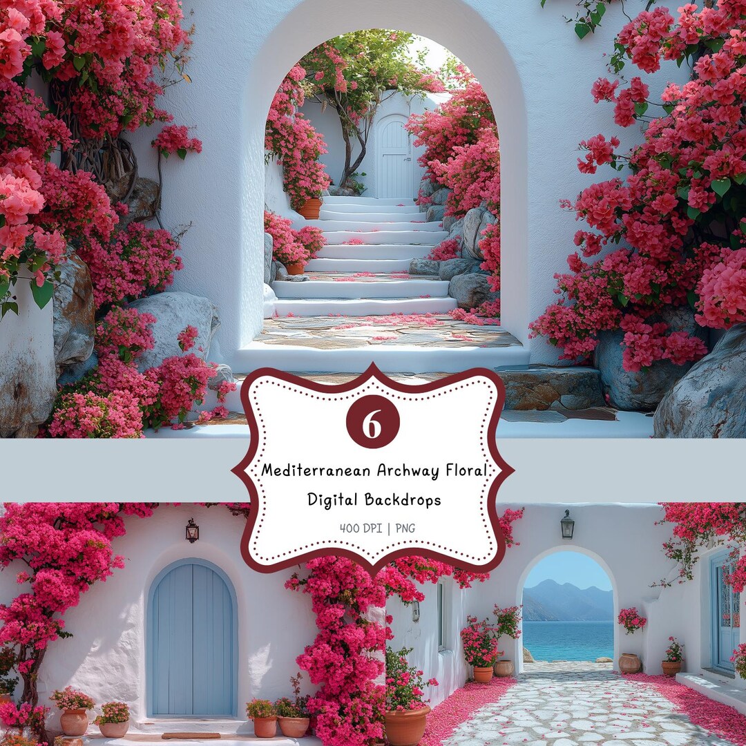 Mediterranean Archway Floral Digital Backdrops, Pink Bougainvillea ...