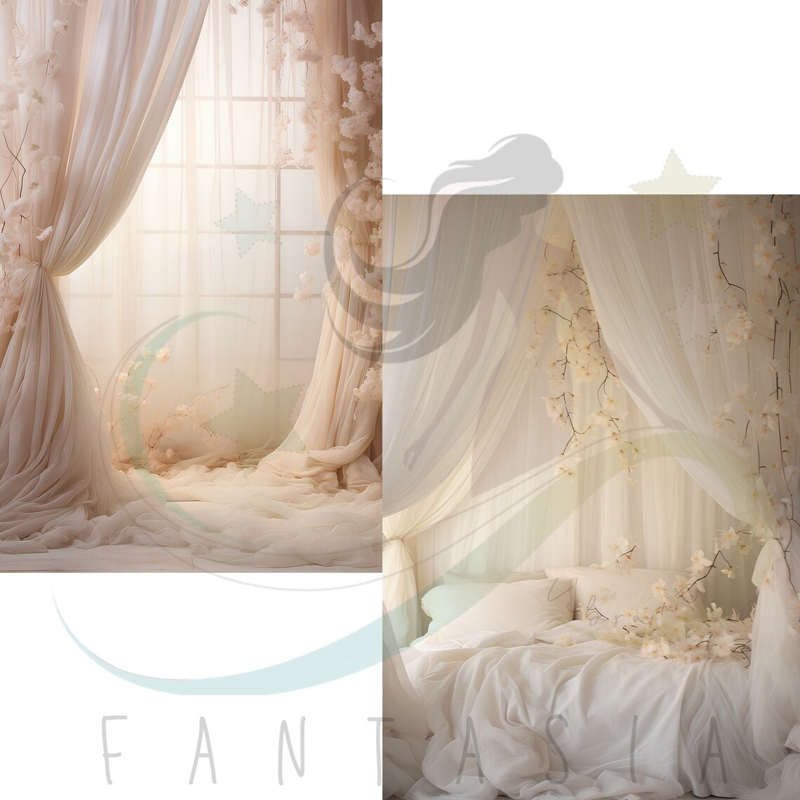Elegant Beige Curtains Digital Backdrops, Romantic Floral Drape ...