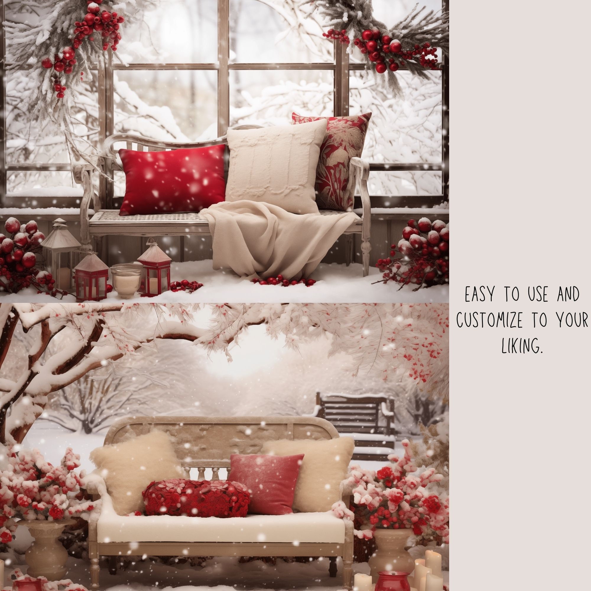 Cozy Christmas Bench Digital Backdrops, Red & Beige Pillows With Snowy ...