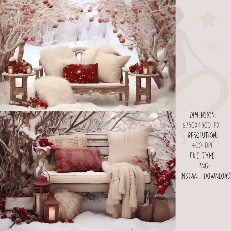 Cozy Christmas Bench Digital Backdrops, Red & Beige Pillows With Snowy ...