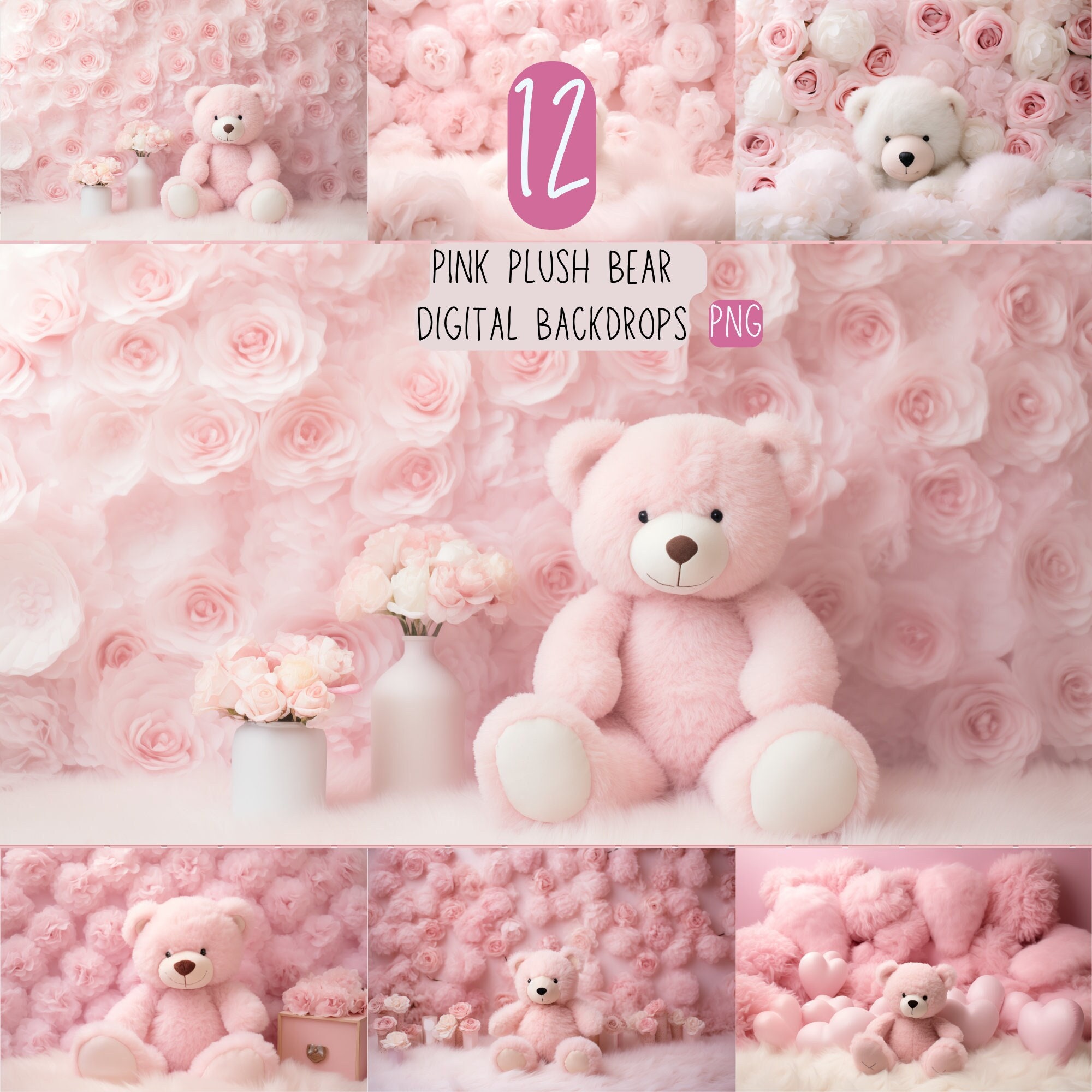 Cute Pink Teddy Bear Digital Backdrops for Kids, Child Photography ...