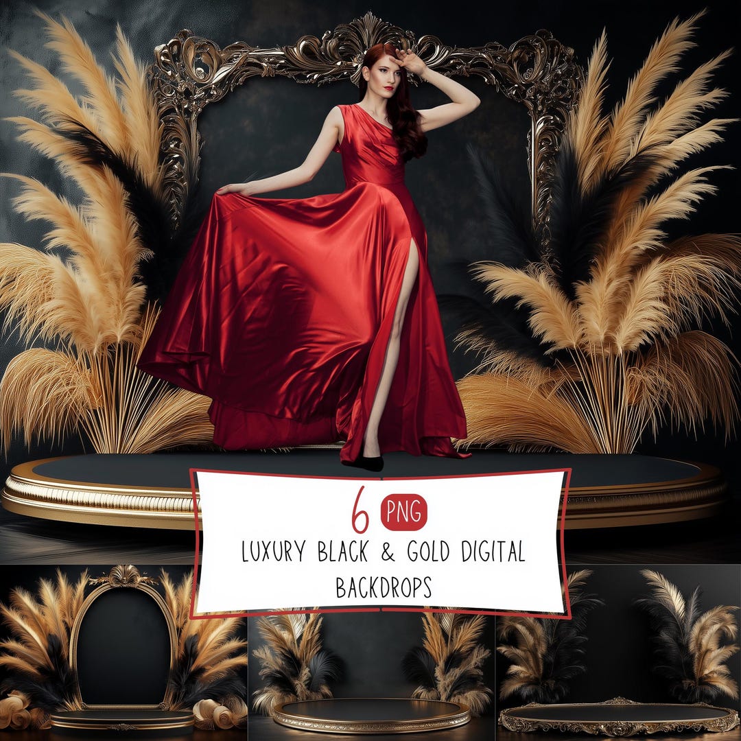 Luxury Black & Gold Digital Backdrops, Pampas Grass Feathers ...