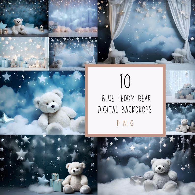 Blue Teddy Bear Digital Backdrops: Cake Smash, Newborn (PNG) - Etsy