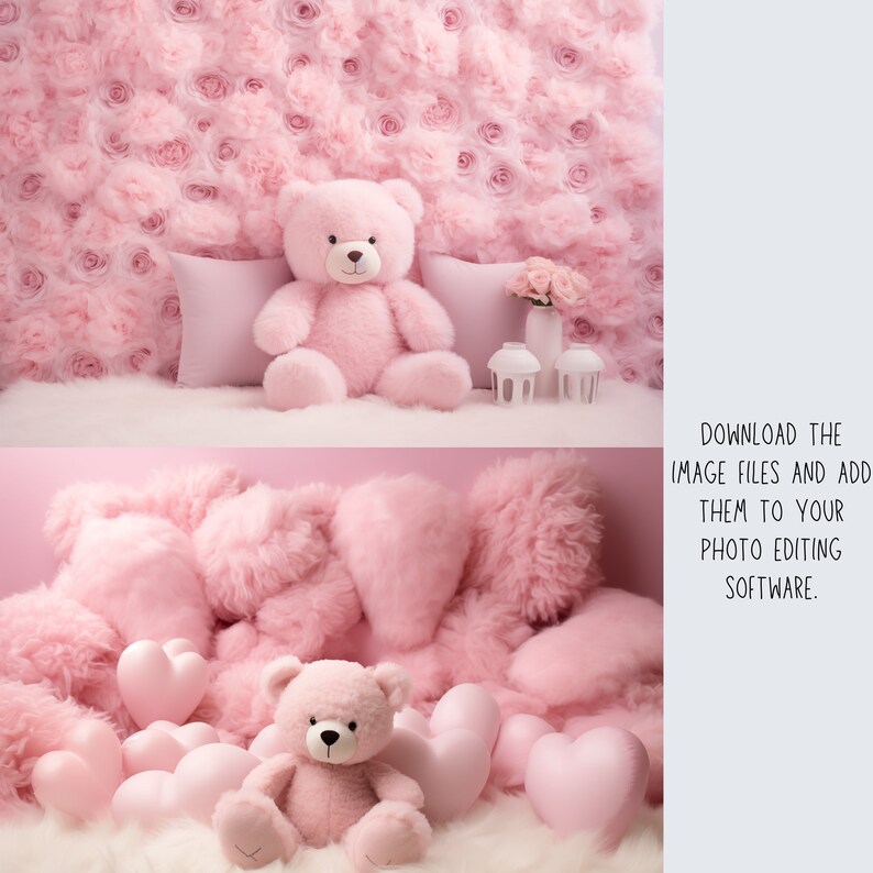 Cute Pink Teddy Bear Digital Backdrops for Kids, Child Photography ...