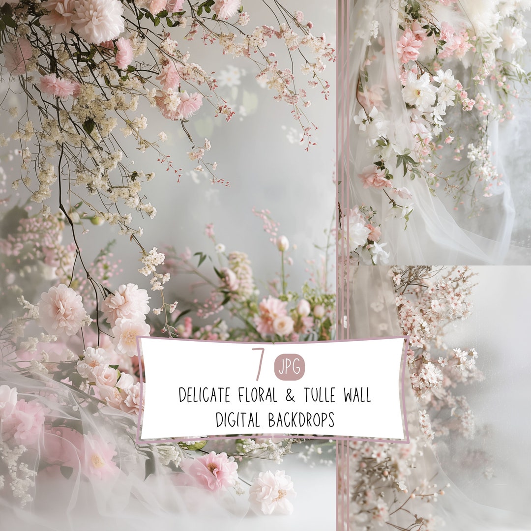 Delicate Floral and Tulle Digital Backdrops: Romantic Pink Blossoms for ...