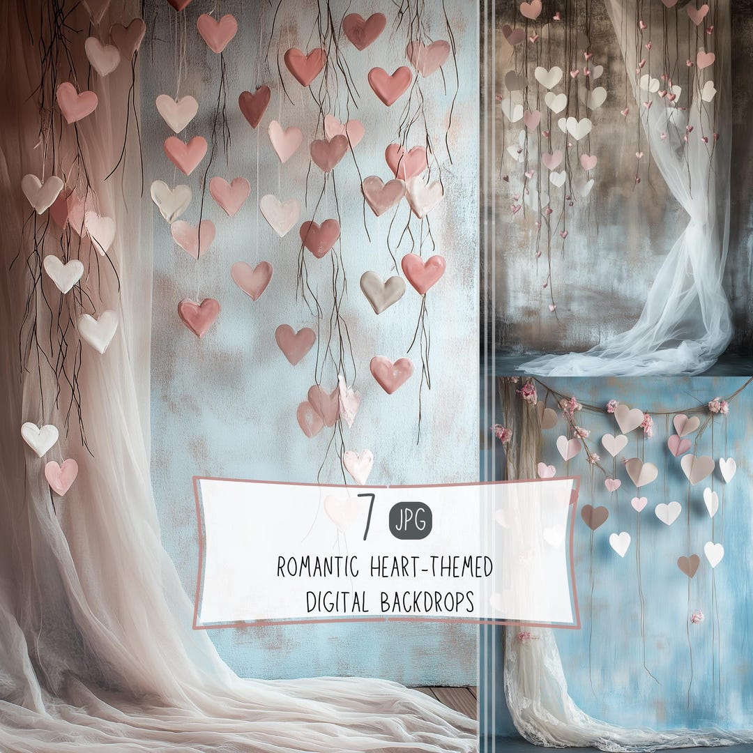 Romantic Heart-themed Digital Backdrops, Hanging Pink & White Hearts ...