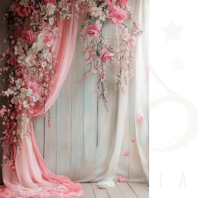 Floral Tulle Digital Backdrop: Pink Blossoms & Hearts (JPG) - Etsy