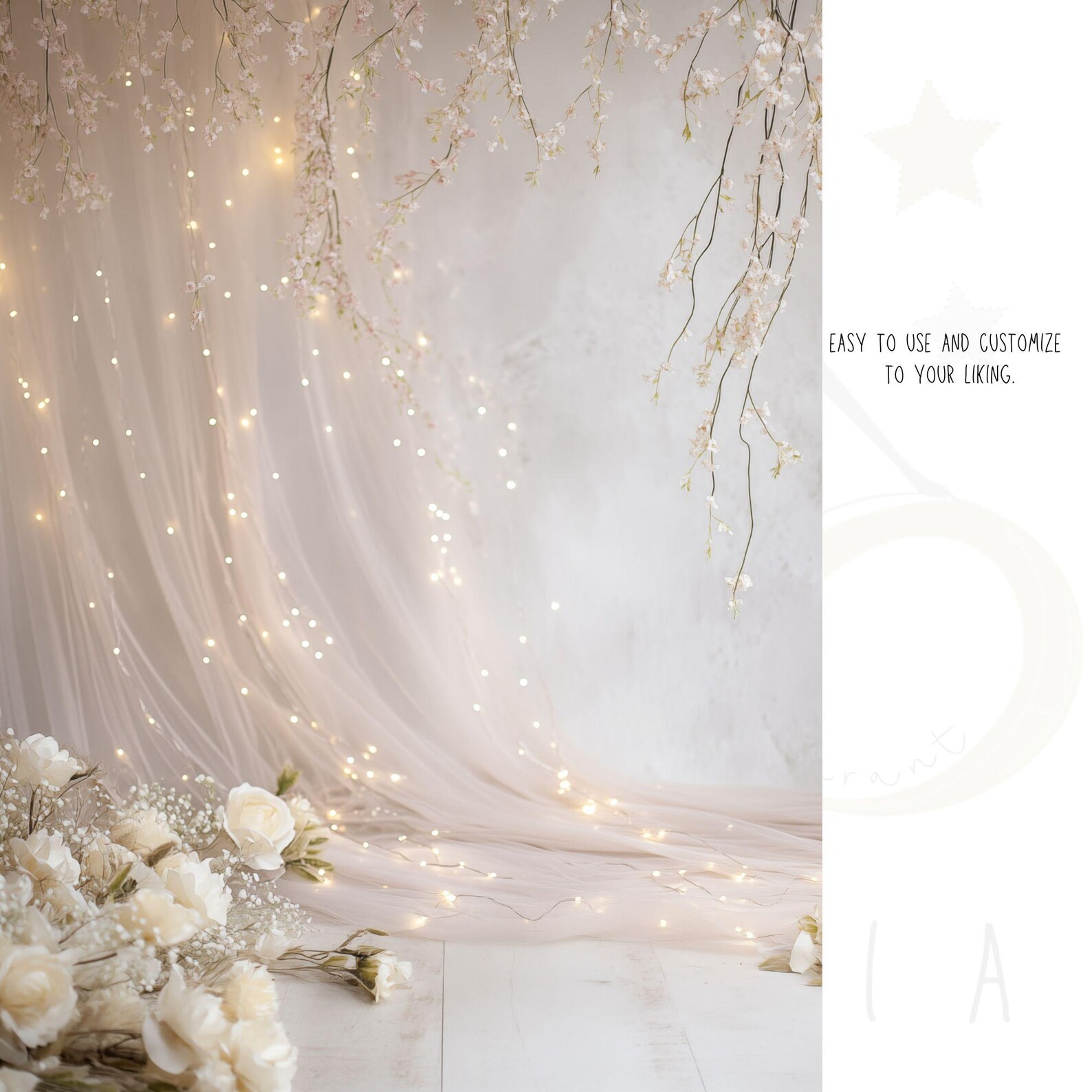 Elegant Floral Wedding Digital Backdrops, White Flowers and Fairy ...