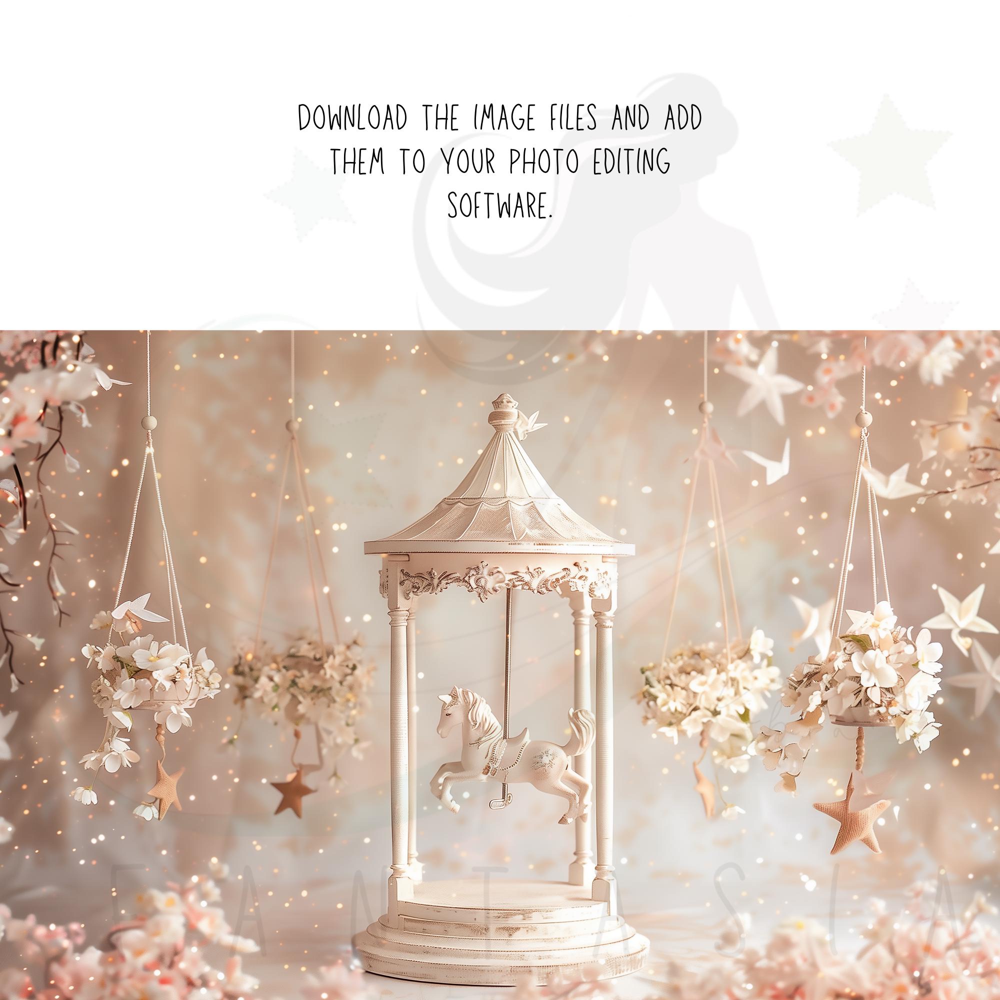 Vintage Carousel Horse Digital Backdrops, Floral Fantasy Backgrounds ...
