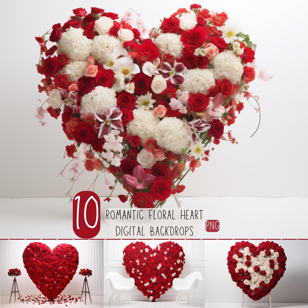 Romantic Floral Heart Digital Backdrops, Red Rose Heart Photography ...