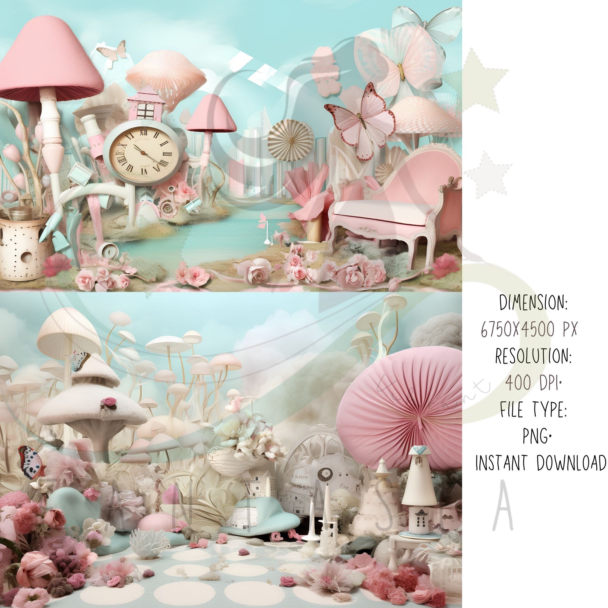 Alice in Wonderland Digital Backdrops, Pastel Enchanted Garden Photo ...