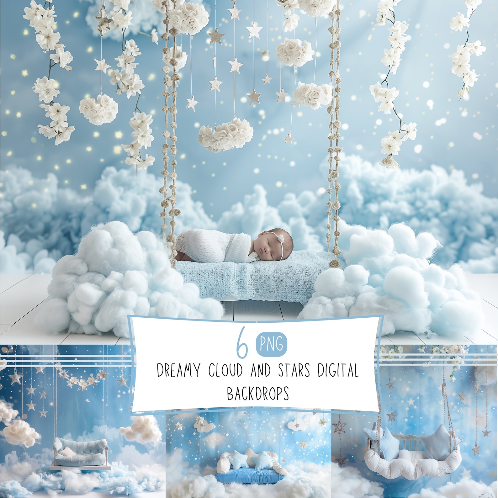 Dreamy Cloud and Stars Digital Backdrops, Blue Sky Photography ...