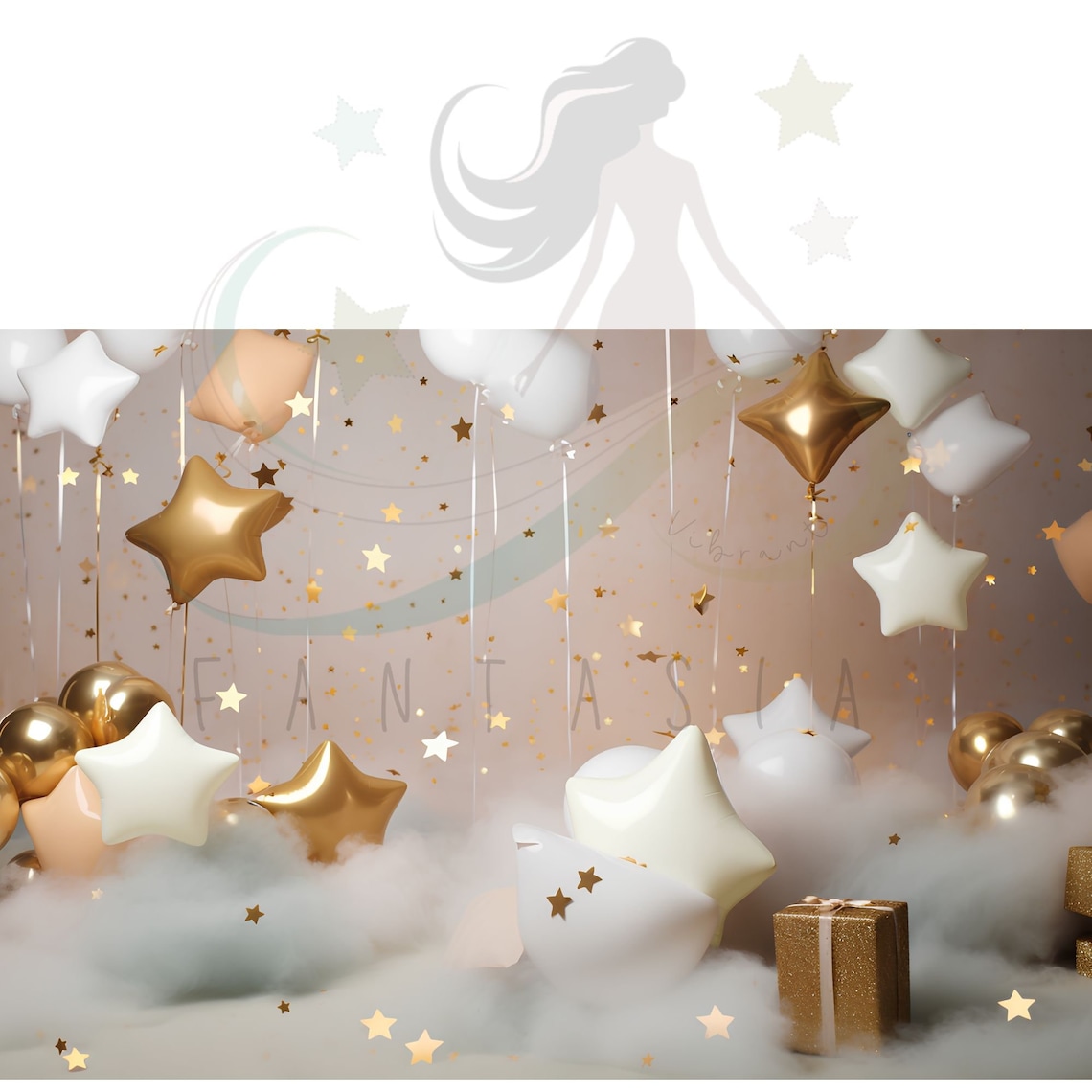 Starry Night Balloon Digital Backdrops, Pastel & Gold Decorations ...