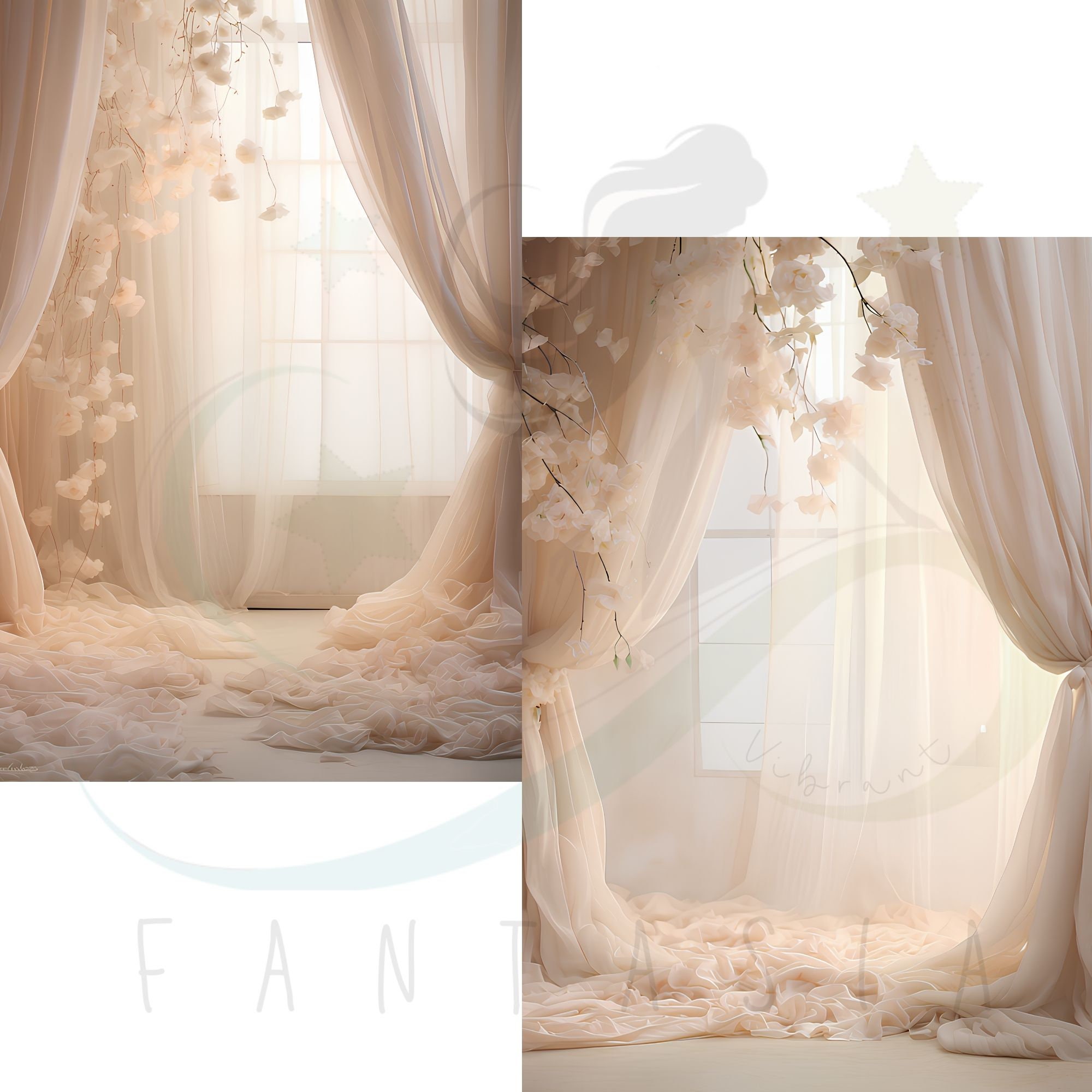 Elegant Beige Curtains Digital Backdrops, Romantic Floral Drape ...