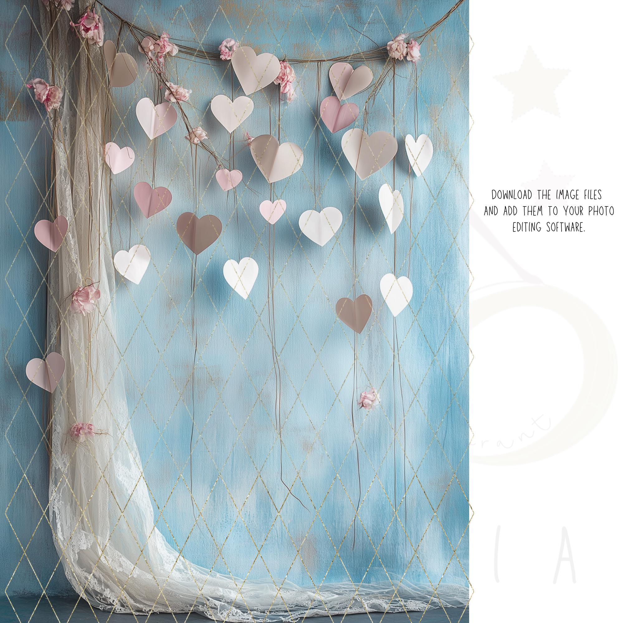 Romantic Heart-themed Digital Backdrops, Hanging Pink & White Hearts ...