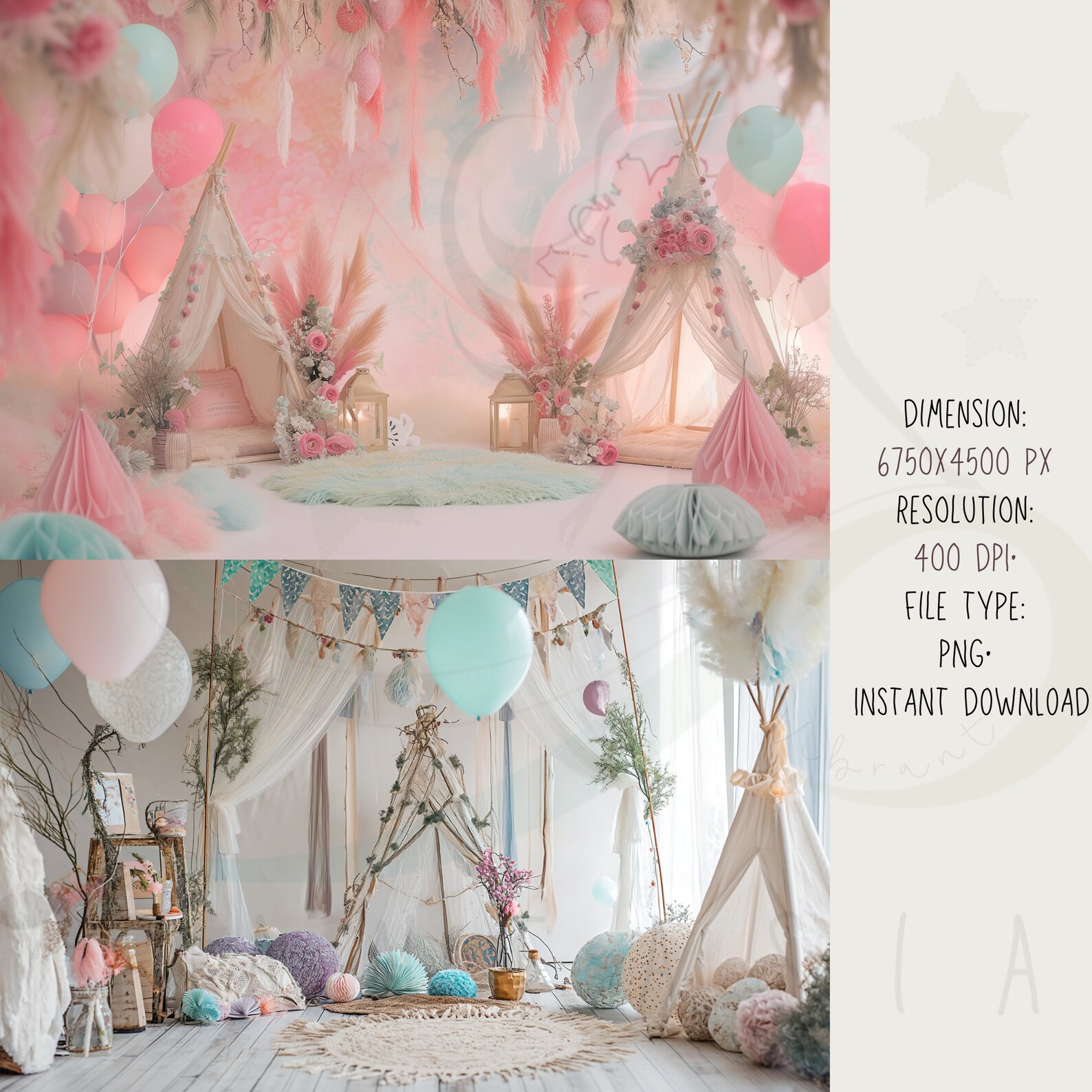 Boho Teepee Tents Digital Backdrops, Kids' Birthday Parties Background, Studio Photoshop ...
