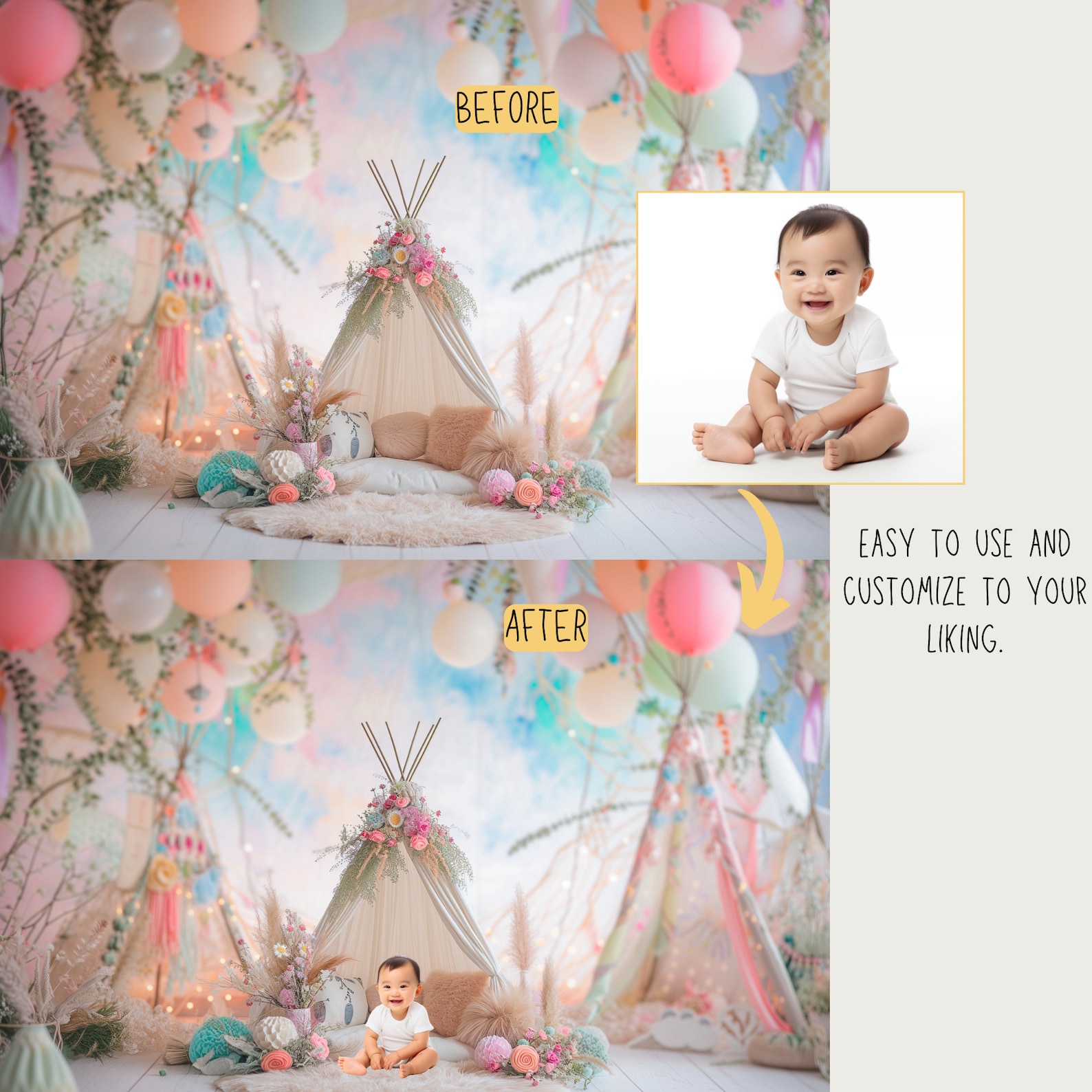 Boho Teepee Tents Digital Backdrops, Kids' Birthday Parties Background, Studio Photoshop ...