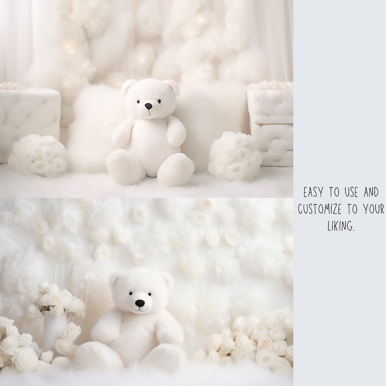 Cute White Teddy Bear Digital Backdrops for Kids, Child Photography ...