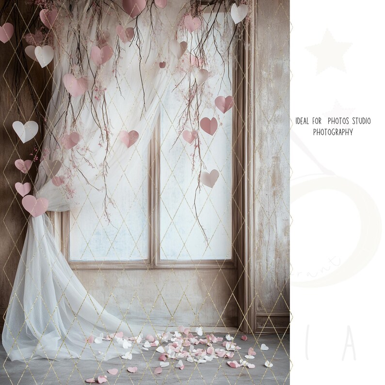 Romantic Heart-themed Digital Backdrops, Hanging Pink & White Hearts ...