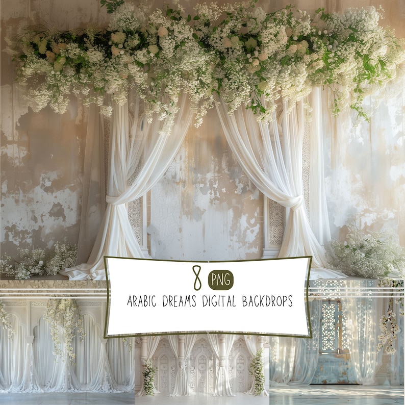 Arabic Wedding Digital Backdrops, 8 Elegant White Floral Photography ...