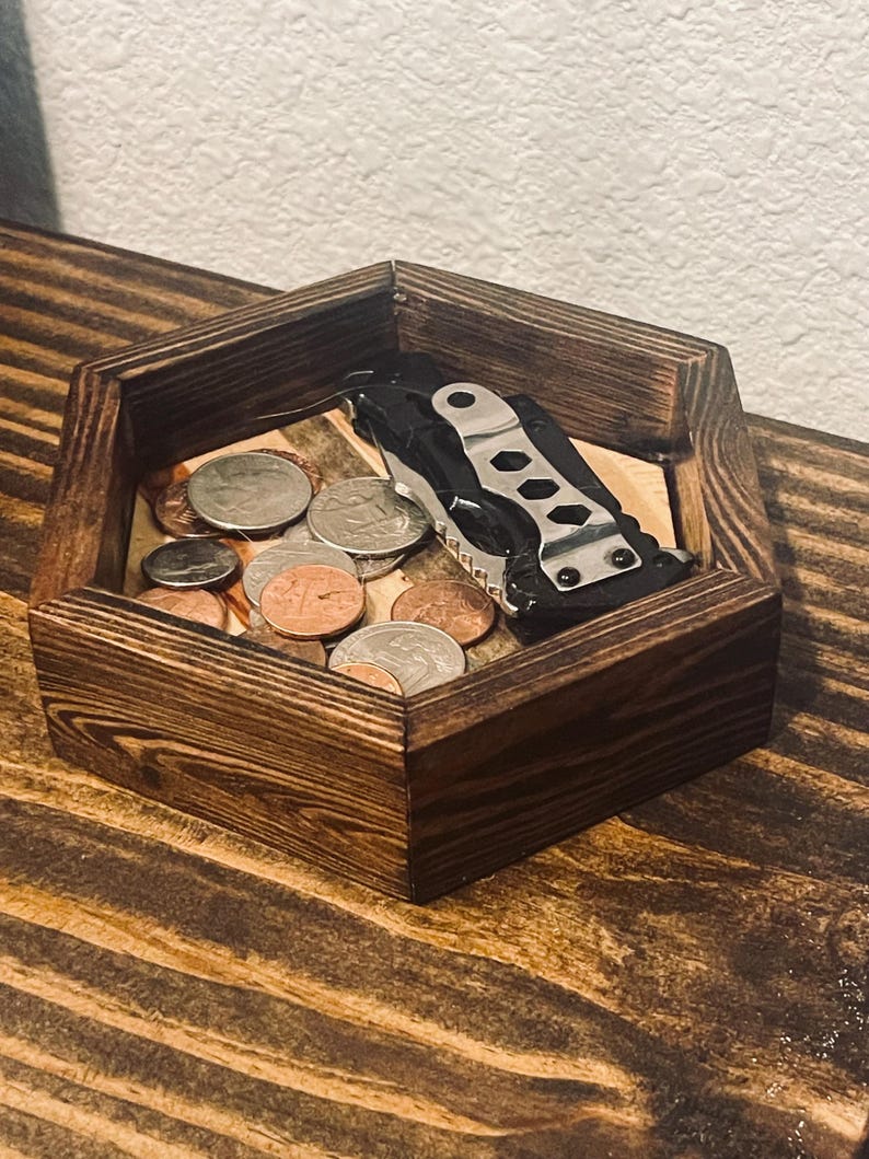 Handcrafted Reclaimed Wood Hexagonal Tray: Rustic Key & Change Holder ...