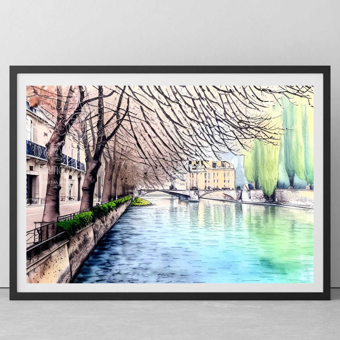 Paris Street Watercolor French Printable Art Trees France Scenic Rain ...