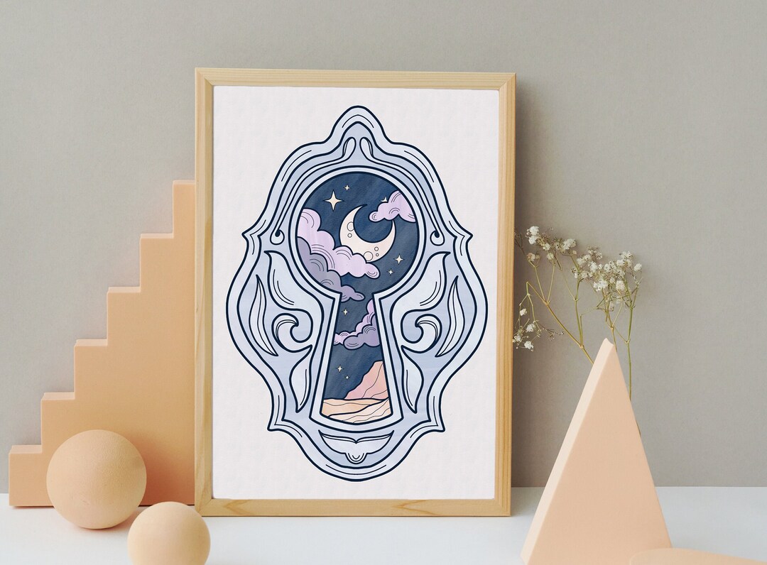 Art Print, Stained Glass Keyhole Nightscape Wall Art, Wall Hanging ...