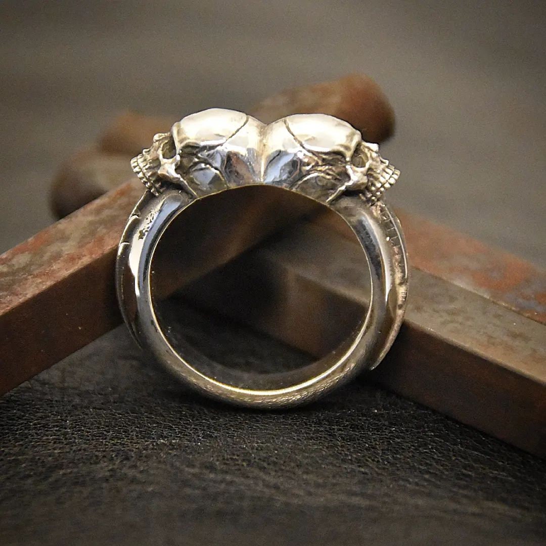 Double Skull and Thunder Lighting Ring, Twin Skull Thunder Ring Ring, Unisex Ring, Gothic ...