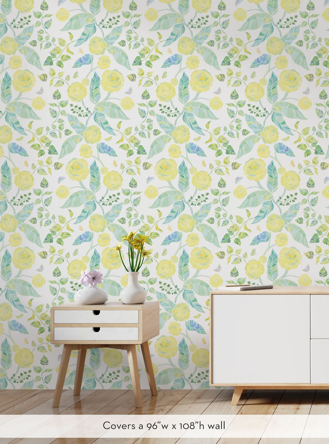 4 ROLL WALLPAPER BUNDLE (full Set) - Springtime Watercolor Blossom ...
