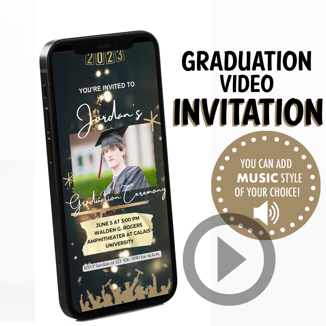 Class of 2023 Graduation Video Invitation Digital Black and Gold ...