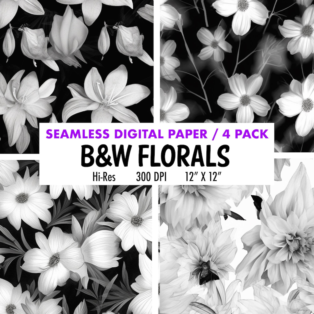 Floral Paper | Black and White | Floral Seamless Pattern | Digital ...