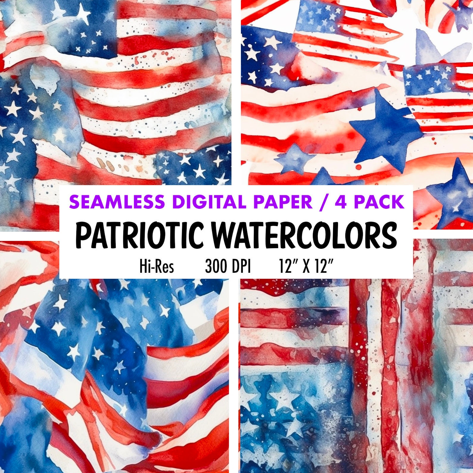 Patriot Red White Blue Stars Watercolor Digital Paper Patriotic Texture ...