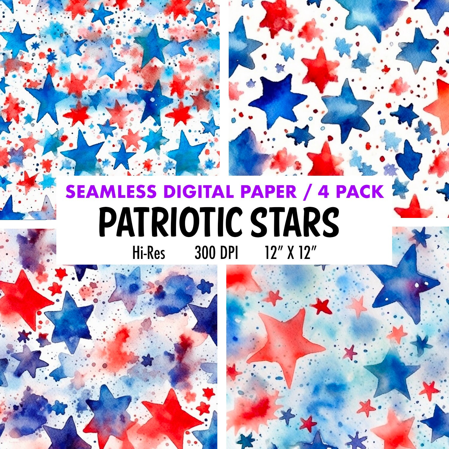 Patriot Red White Blue Stars Watercolor Digital Paper Patriotic ...