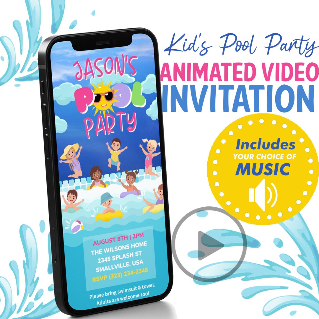 Kids Pool Party Text Invitation Neon Summer Evite Birthday iPhone ...