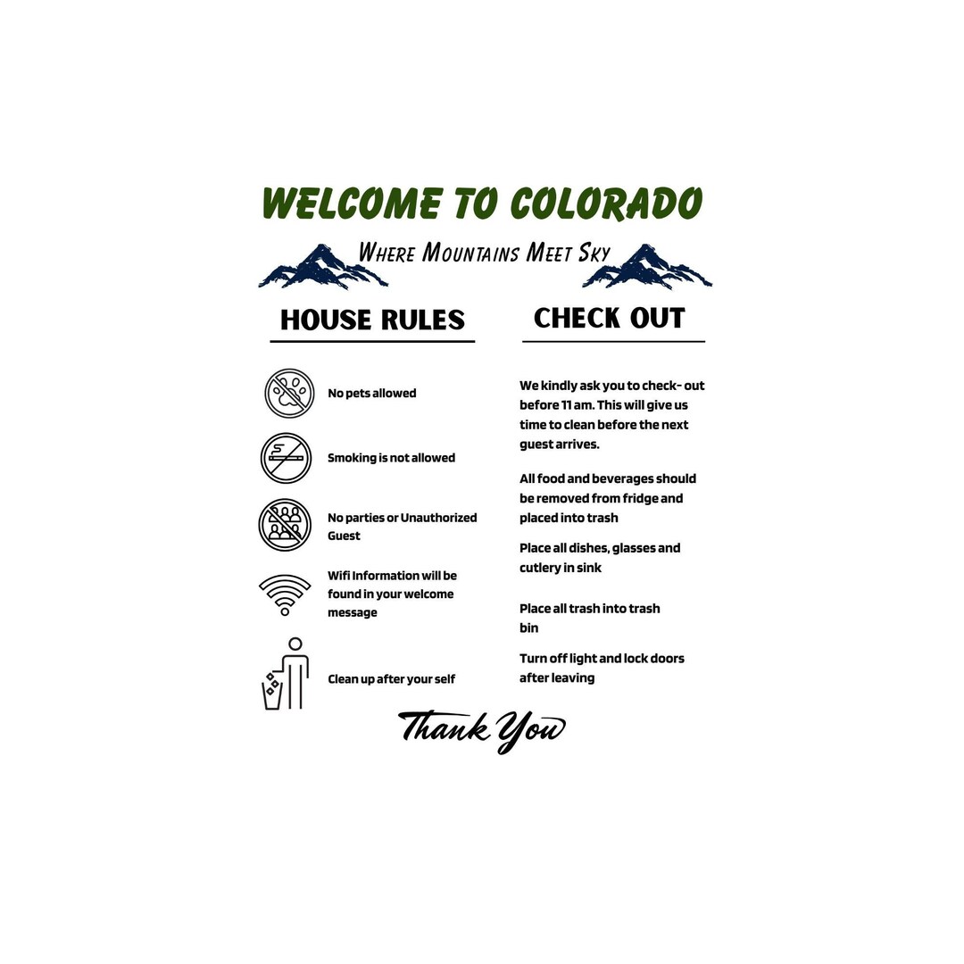 Colorado Airbnb Vrbo House Rules Print Out - Check Out Instructions ...