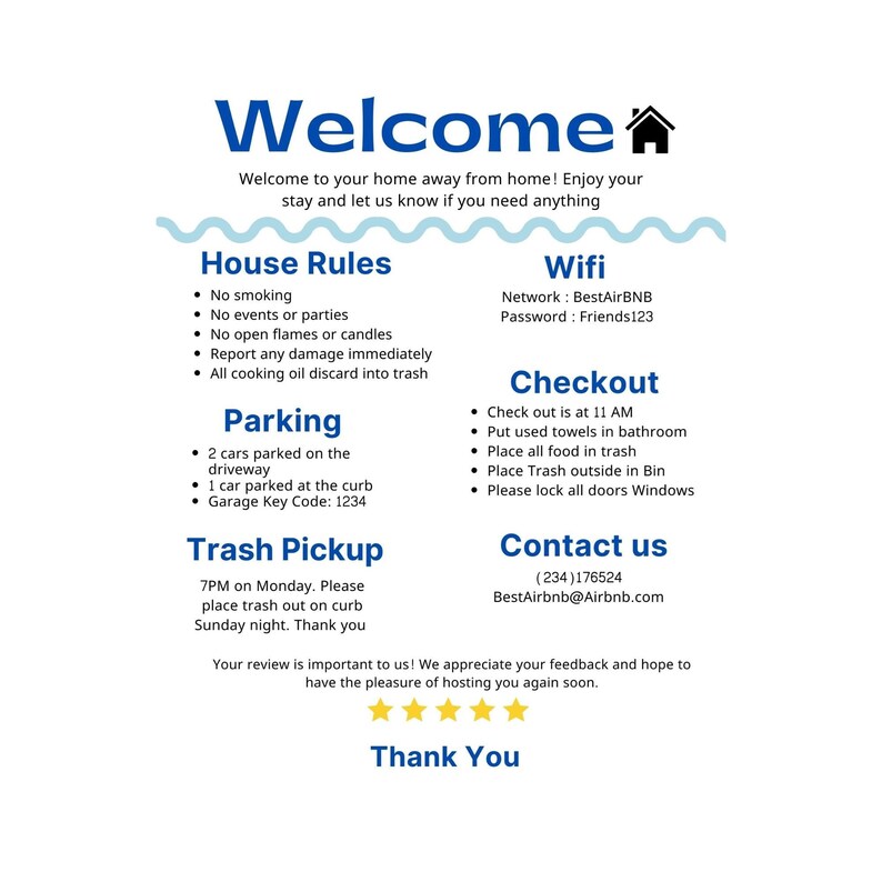 16X20 8.5X11 Blue 1 Page Airbnb Template| Canva Edit|beach Airbnb ...