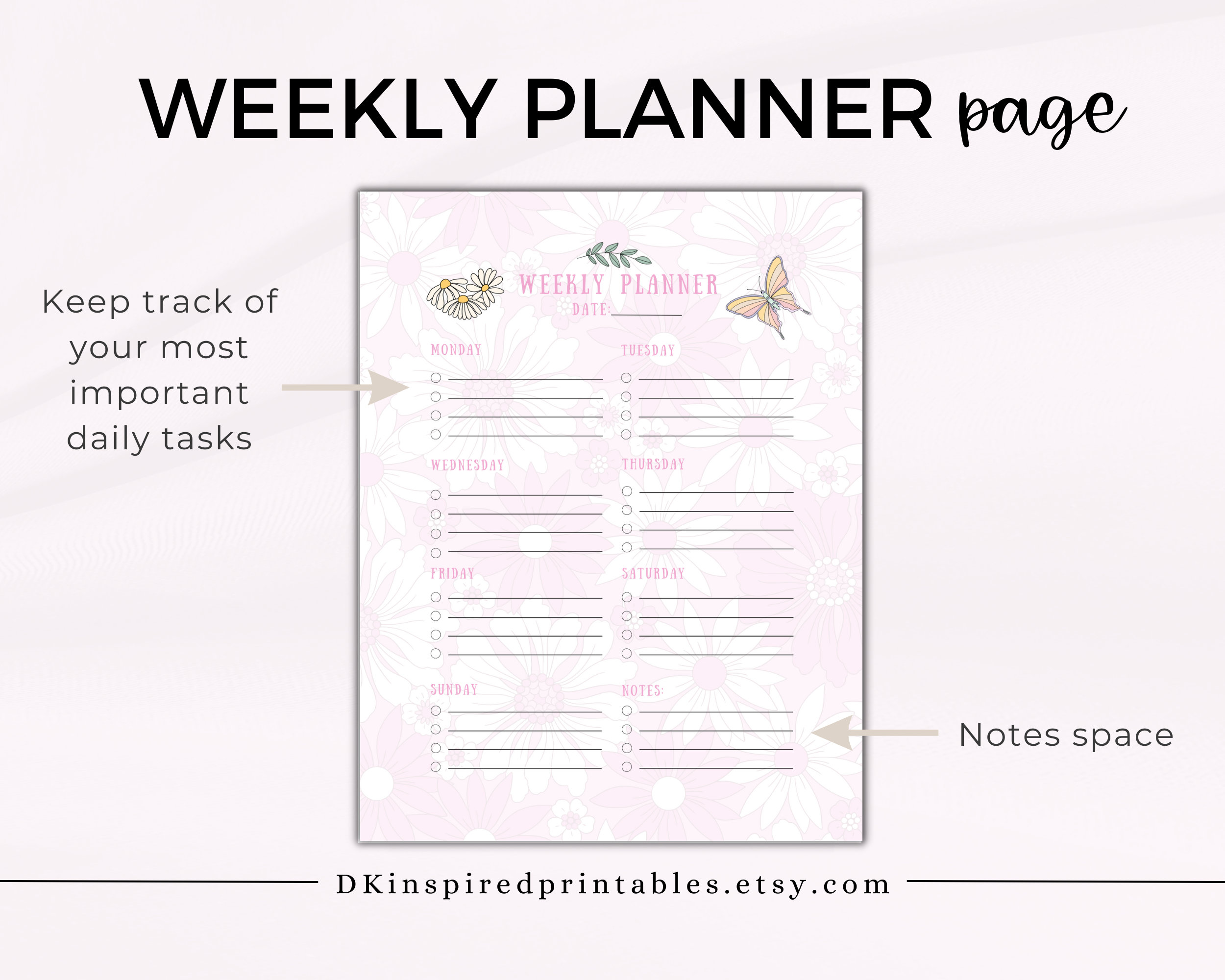 Daisy Printable Planner Pages, Digital Download, to Do List, Notes Page ...