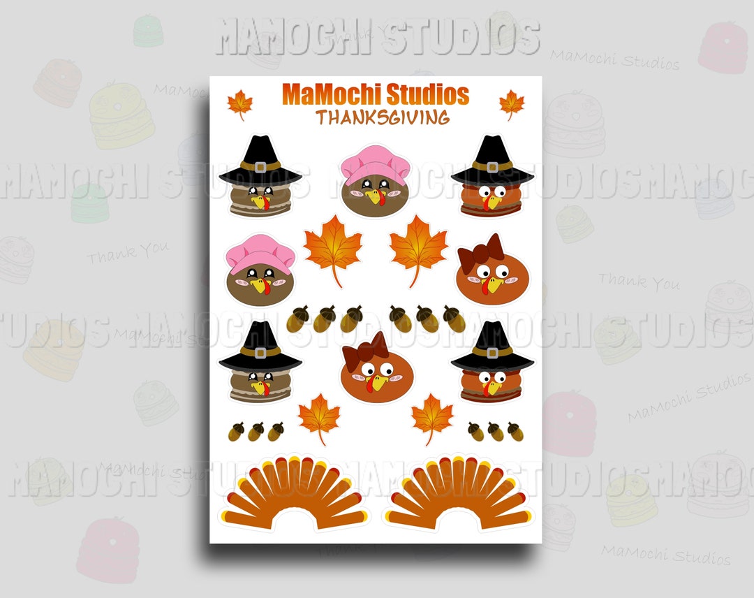 Sticker Sheet - Thanksgiving Turkey Pilgrims - Kawaii Holiday Stickers ...