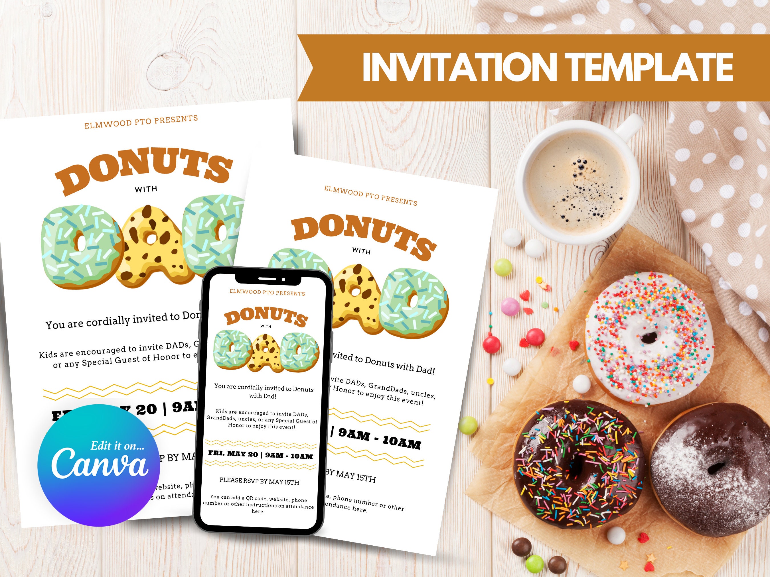 Editable Donuts With Dad Invitation | Edit in Your Browser With Canva ...