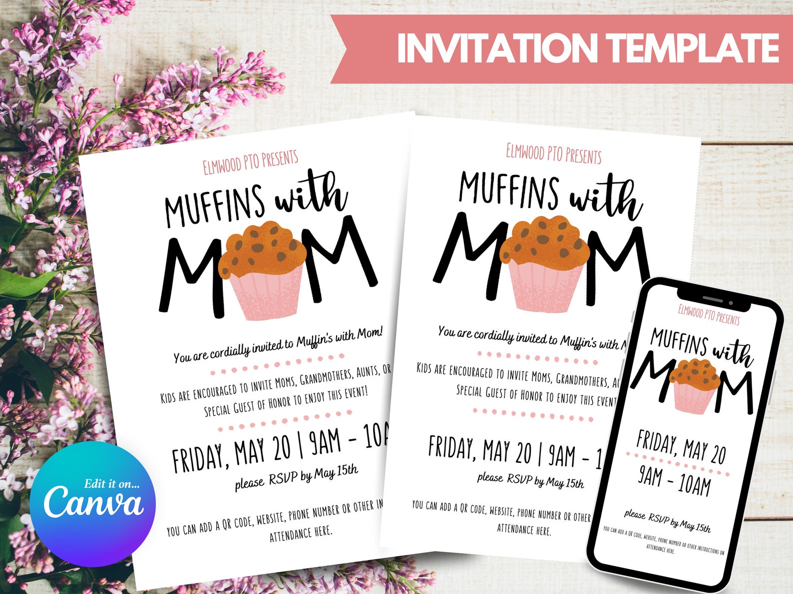 Editable Muffins With Mom Invitation Template: Canva PTO School Event ...