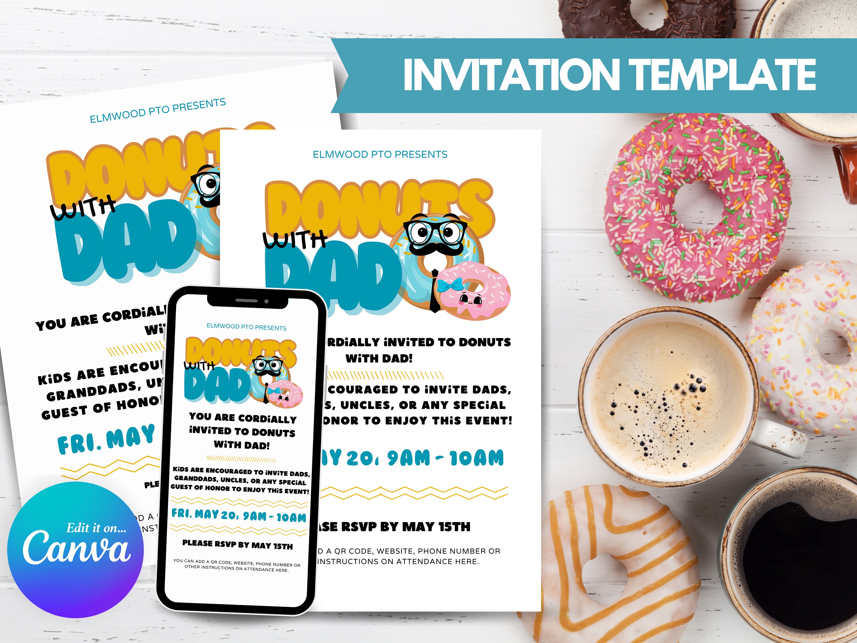Editable Donuts With Dad Invitation | Edit in Your Browser With Canva ...