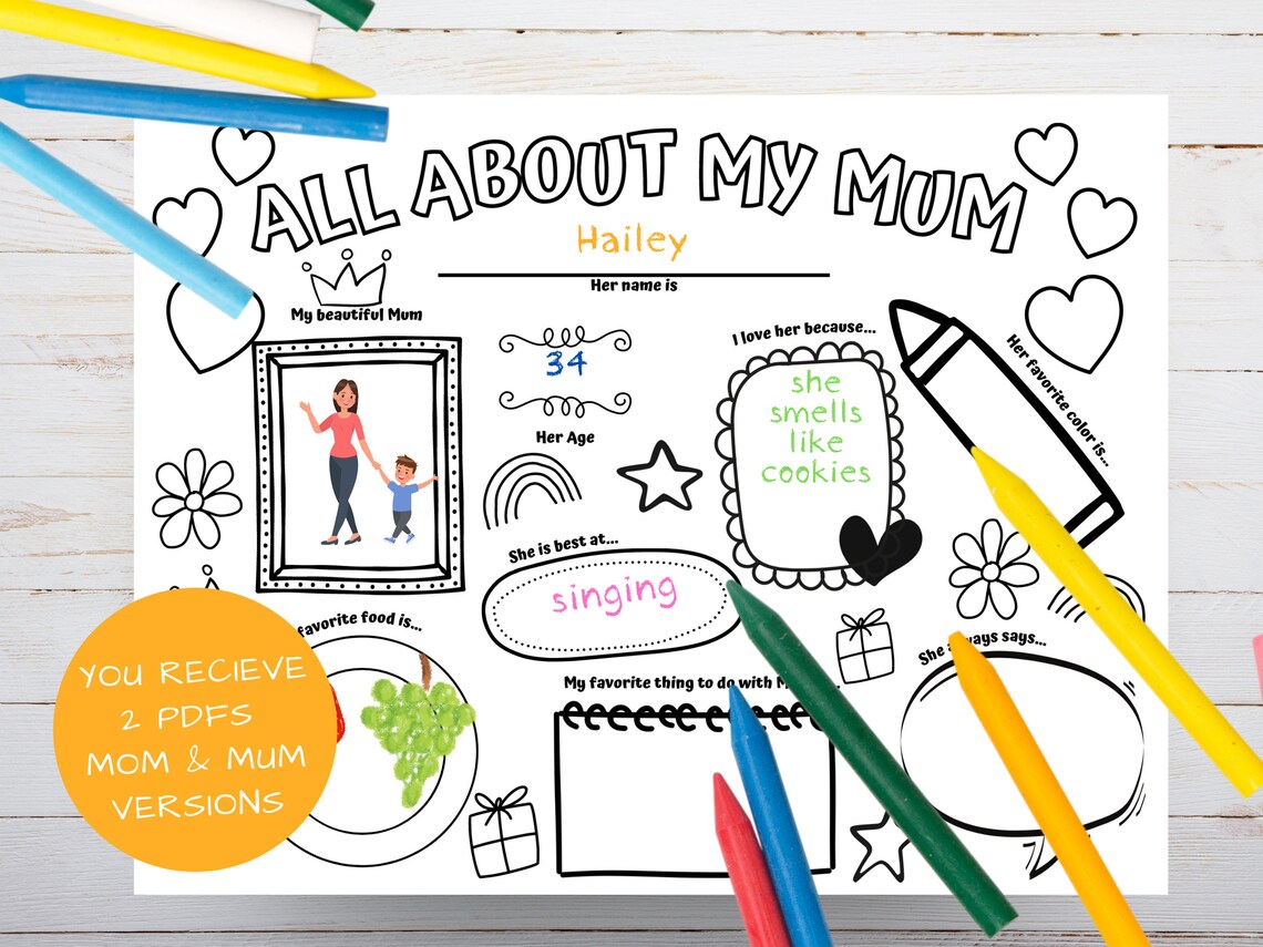 All About My Mom Mum Fill in the Blank Printable for Mother's Day ...