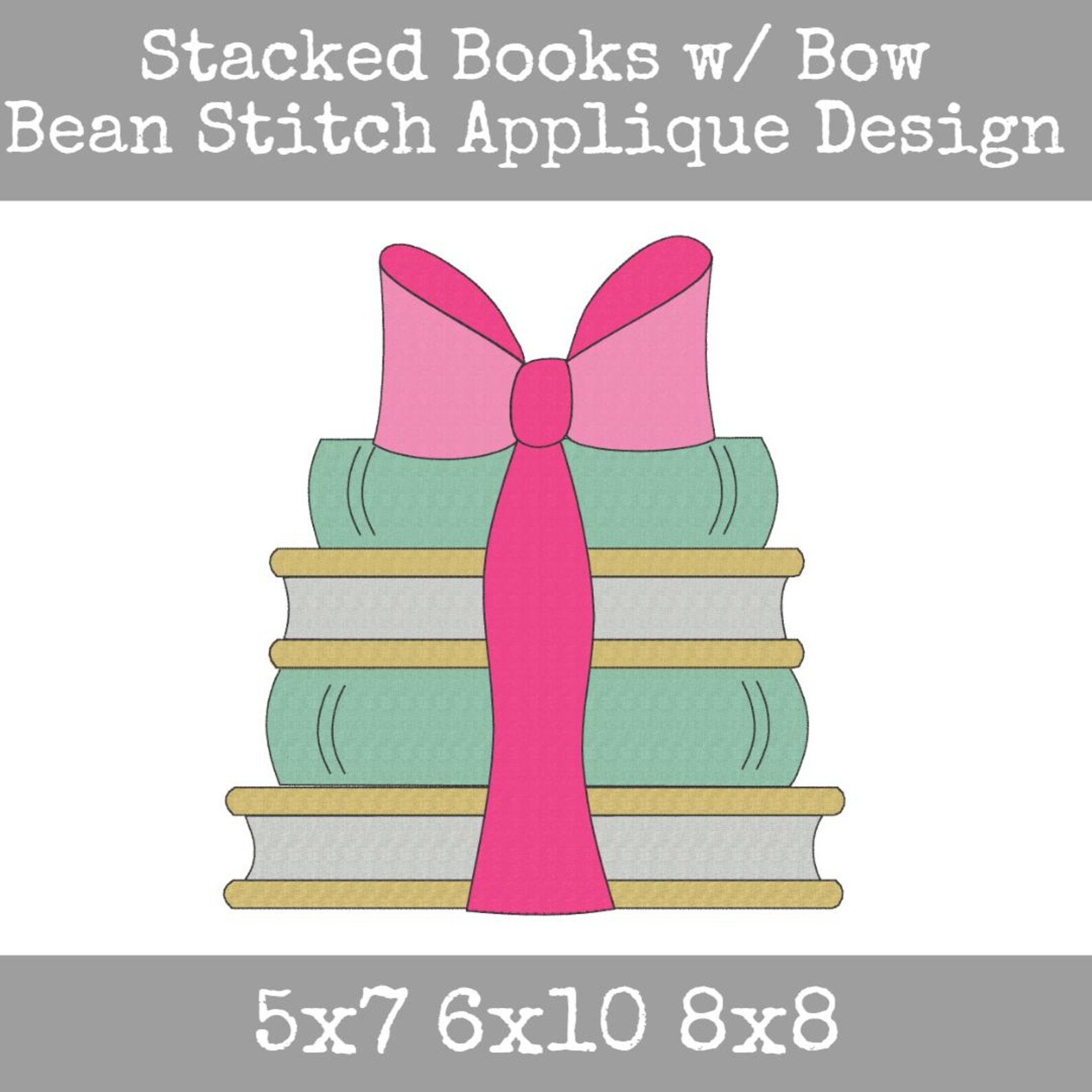 Stack of Books With Bow Bean Stitch Applique 5x7 8x8 6x10 - Etsy