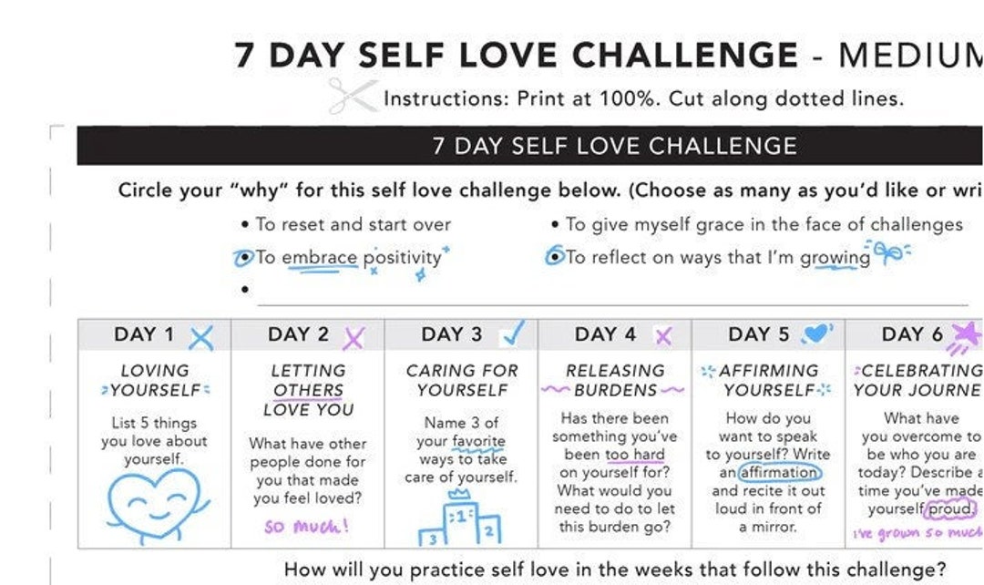 7 Day Self Love Challenge Small Size Day Planner Digital - Etsy