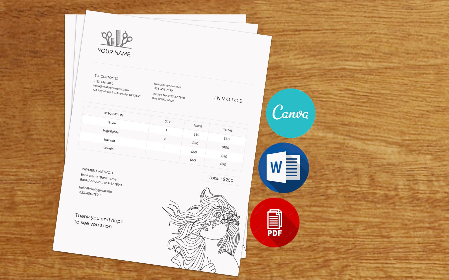 Printable Invoice Template for Hairdresser, Editable Invoice Template ...